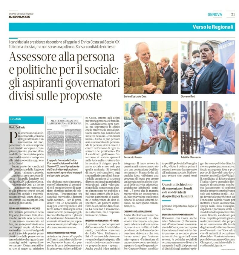 Il Secolo XIX - 29/08/2020 - Centro di Solidarietà di Genova